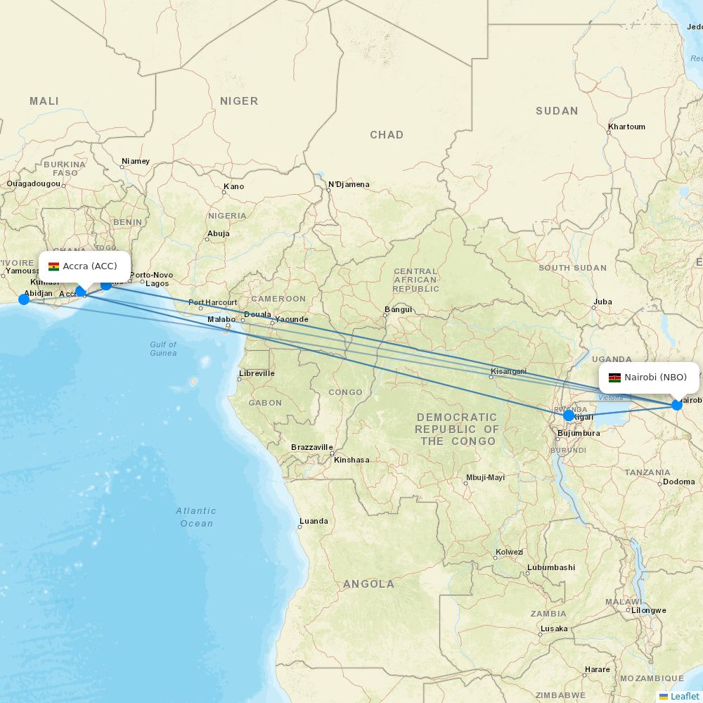 Kenya Airways airline routes (KQ) 2025, map - Flight Routes