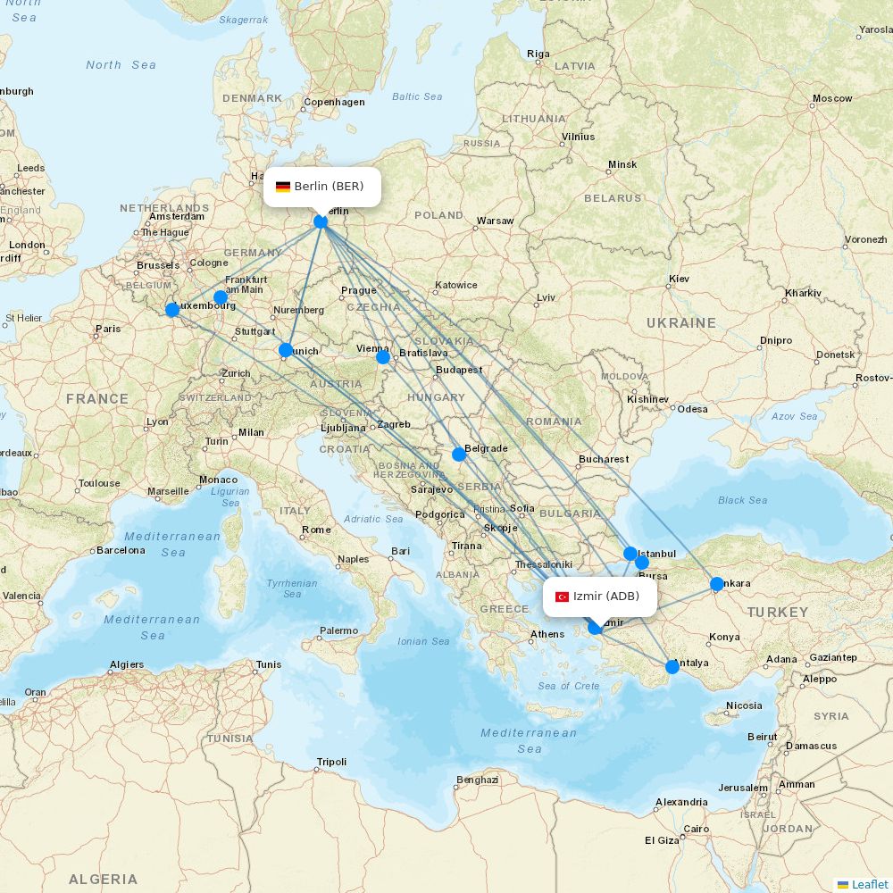 SunExpress airline routes (XQ) 2025, map - Flight Routes
