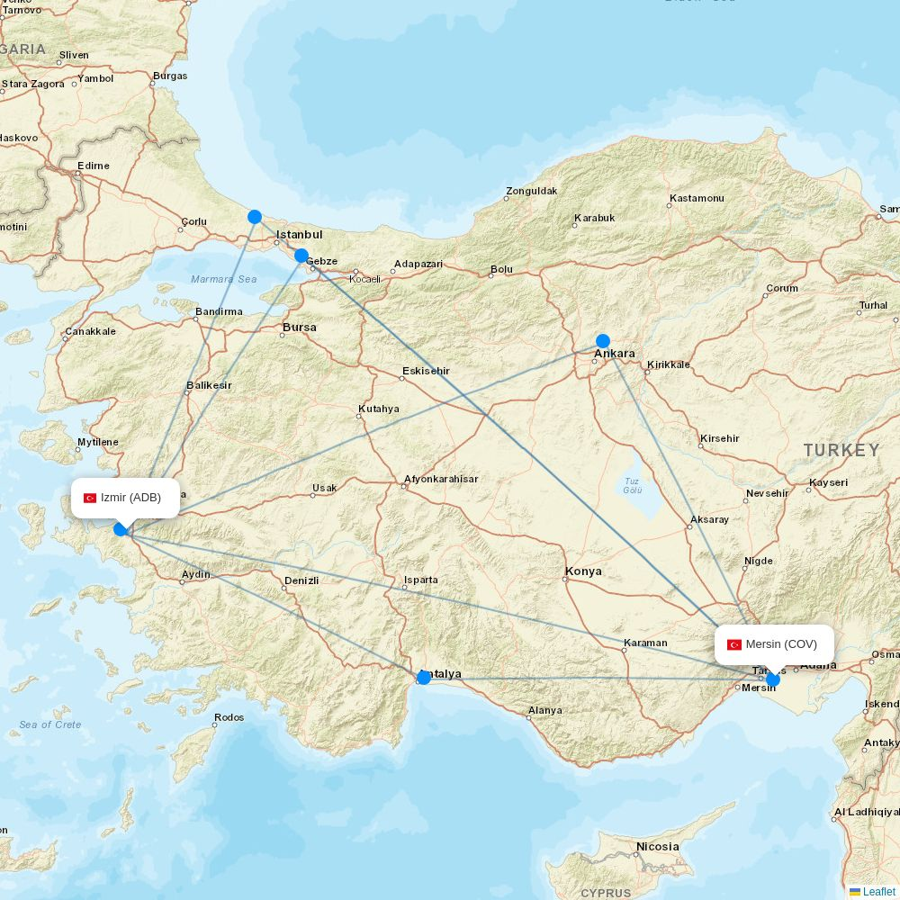 SunExpress airline routes (XQ) 2025, map - Flight Routes