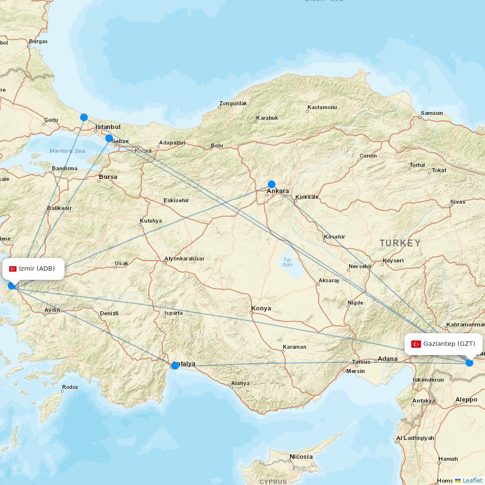 SunExpress airline routes (XQ) 2025, map - Flight Routes