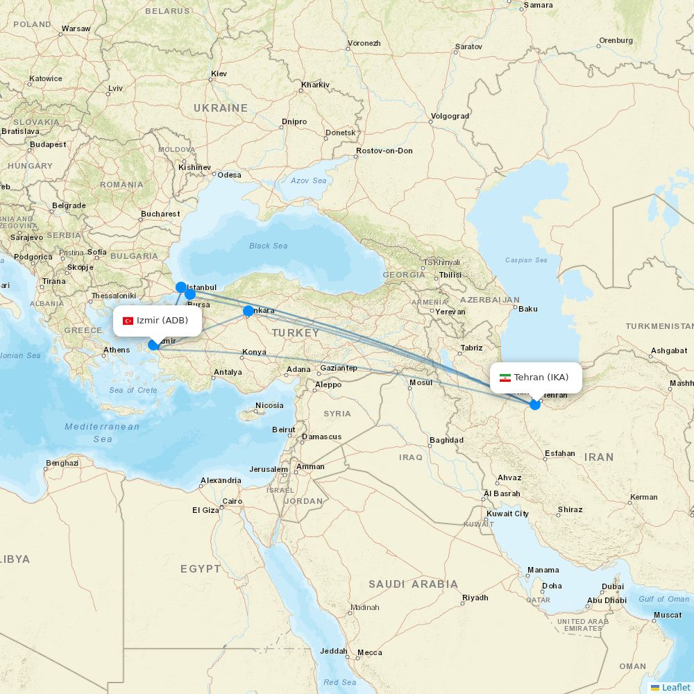 Iran Air airline routes (IR) - map - Flight Routes