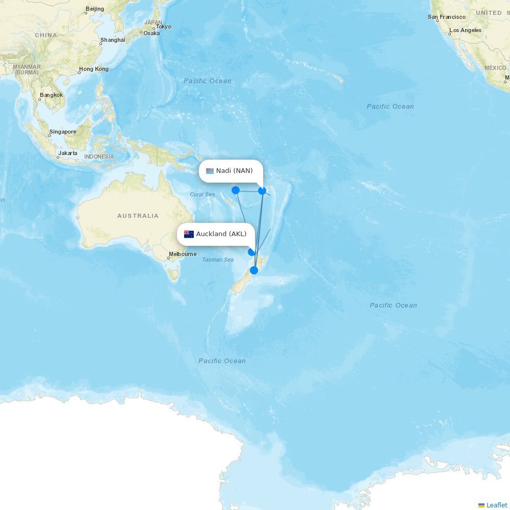Fiji Airways airline routes (FJ) 2025, map - Flight Routes