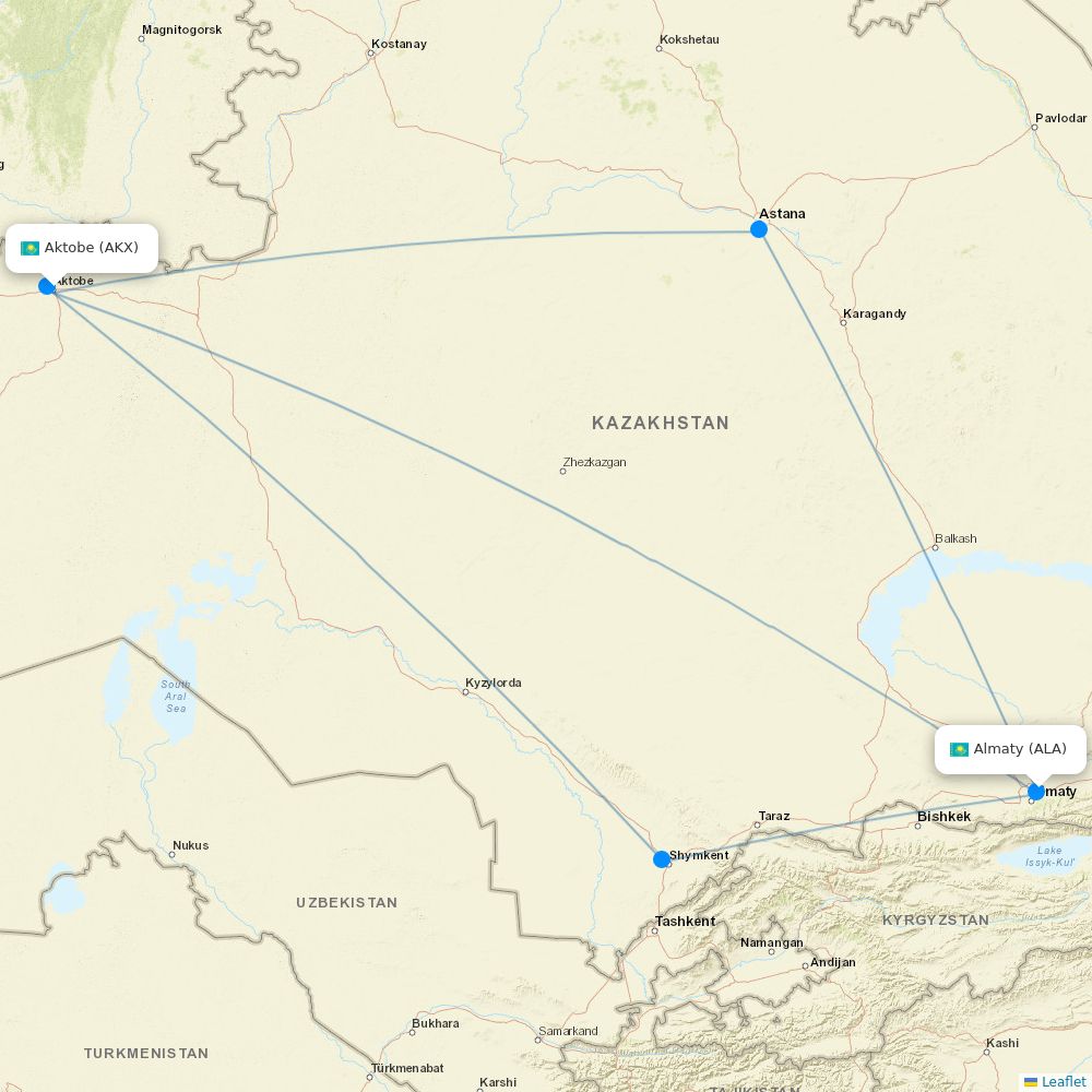 Air Astana airline routes (KC) 2026, map - Flight Routes