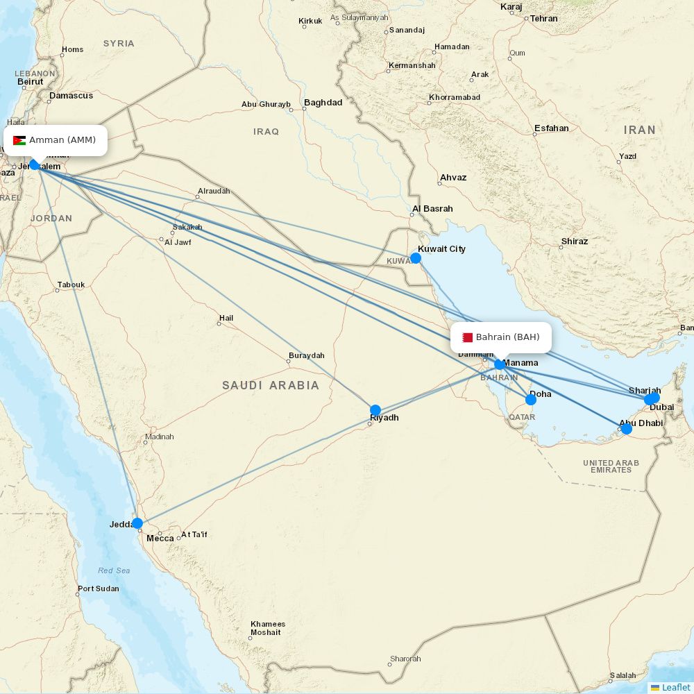 Gulf Air airline routes (GF) 2025, map - Flight Routes