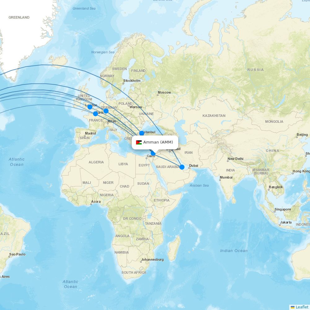 Royal Jordanian airline routes (RJ) 2026, map - Flight Routes