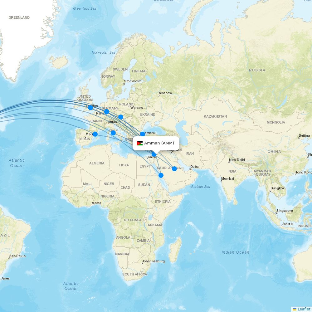 Royal Jordanian airline routes (RJ) 2025, map - Flight Routes