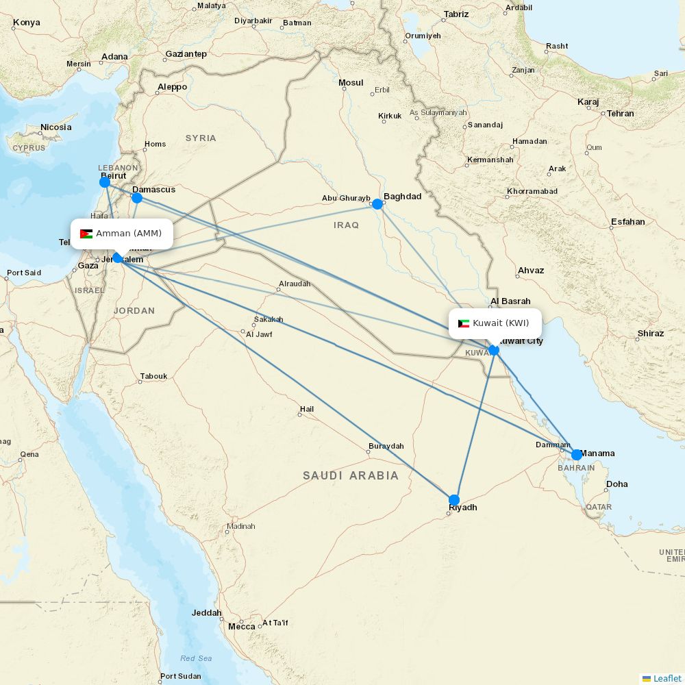 Royal Jordanian airline routes (RJ) 2025, map - Flight Routes