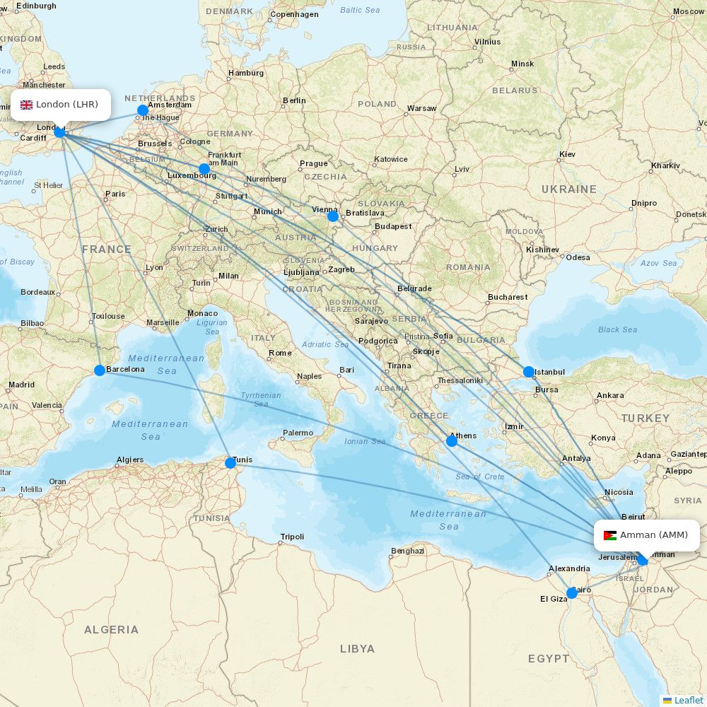 Royal Jordanian airline routes (RJ) 2026, map - Flight Routes