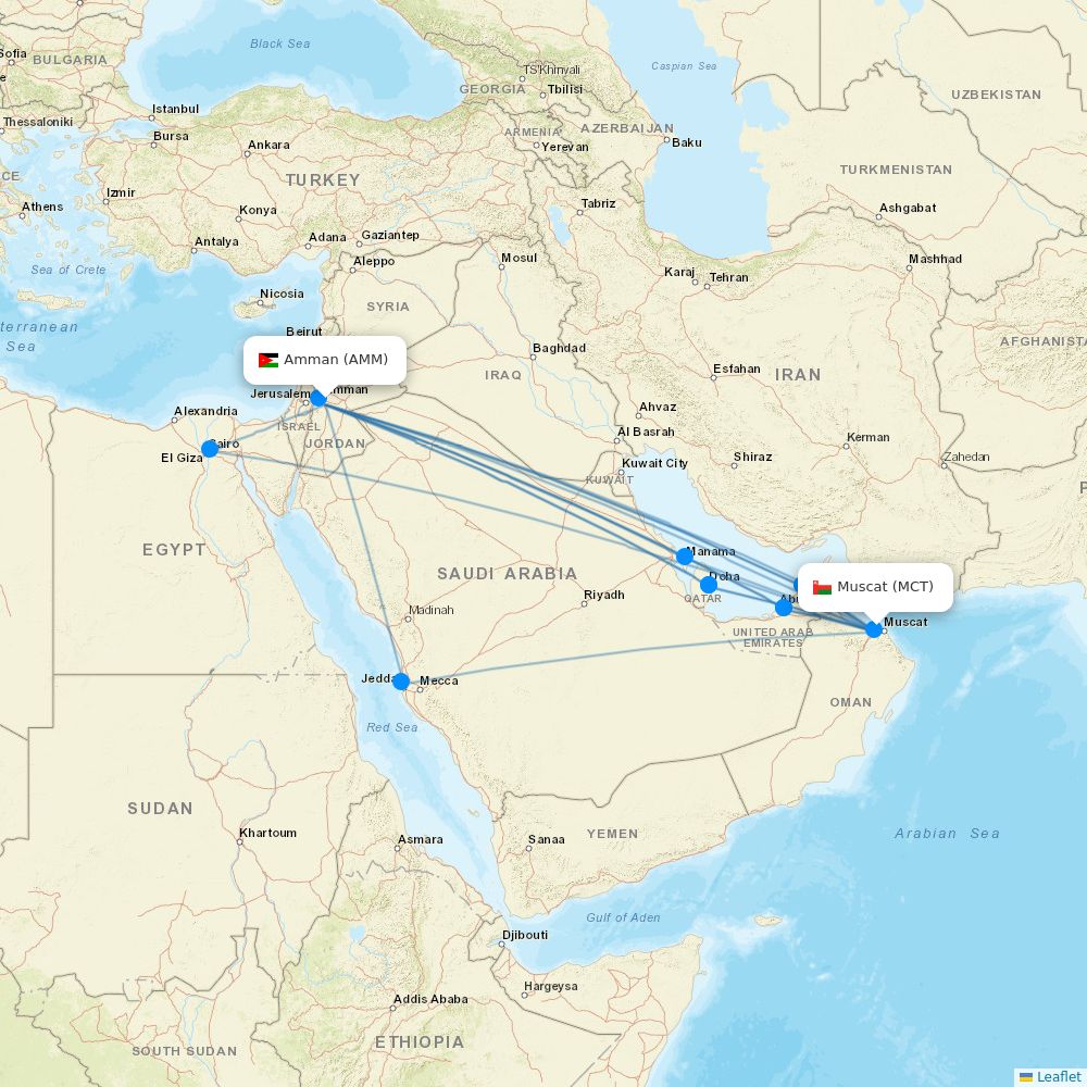 Oman Air airline routes (WY) 2026, map - Flight Routes
