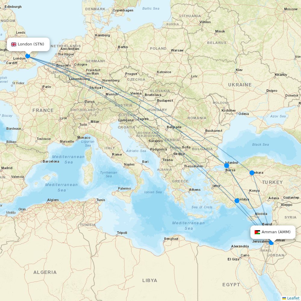 Royal Jordanian airline routes (RJ) 2026, map - Flight Routes