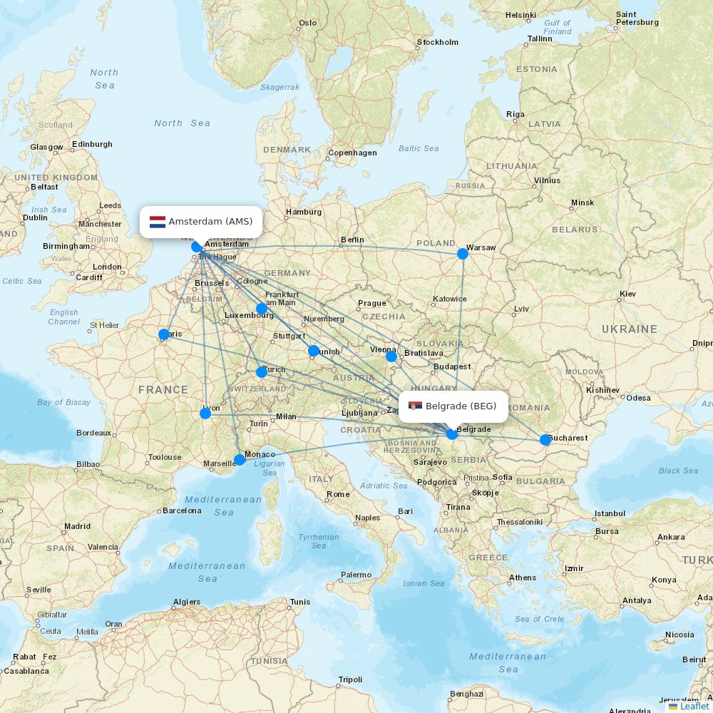 Air Serbia airline routes (JU) 2026, map - Flight Routes
