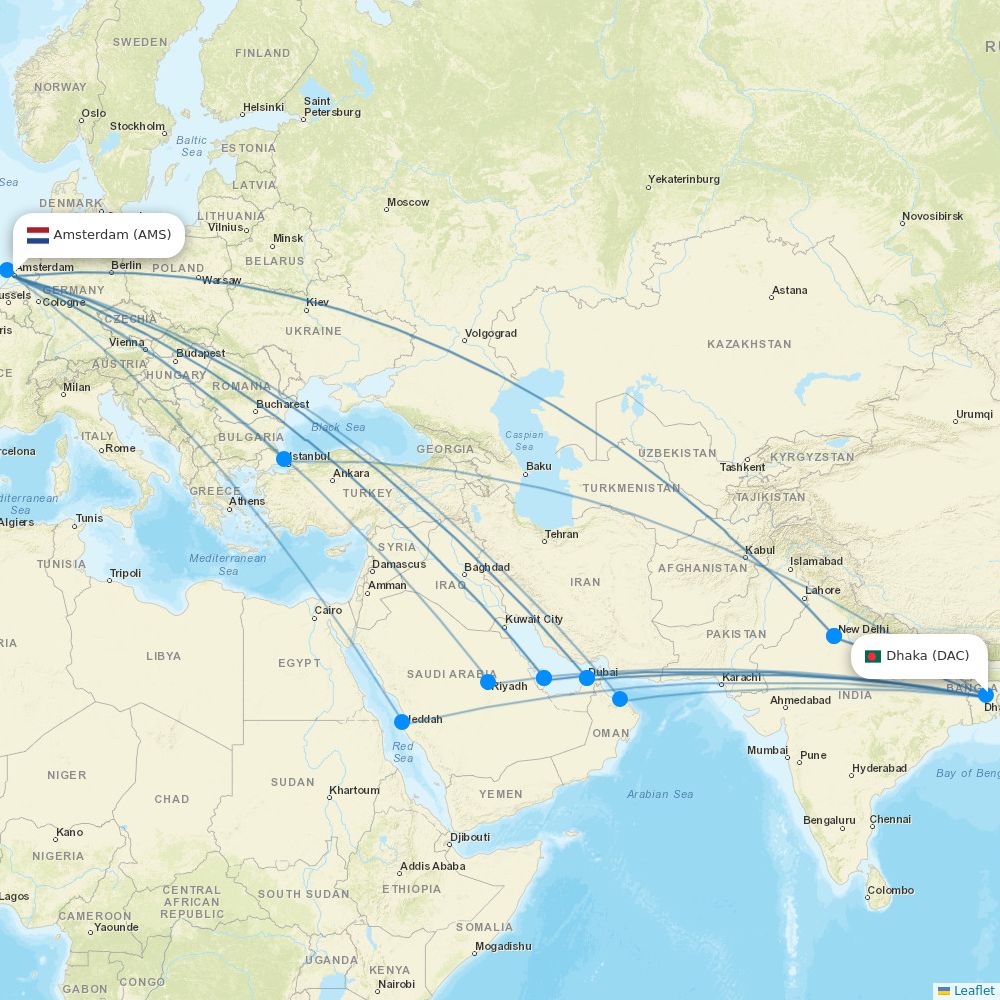 Flights from Amsterdam to Dhaka, AMS to DAC - Flight Routes