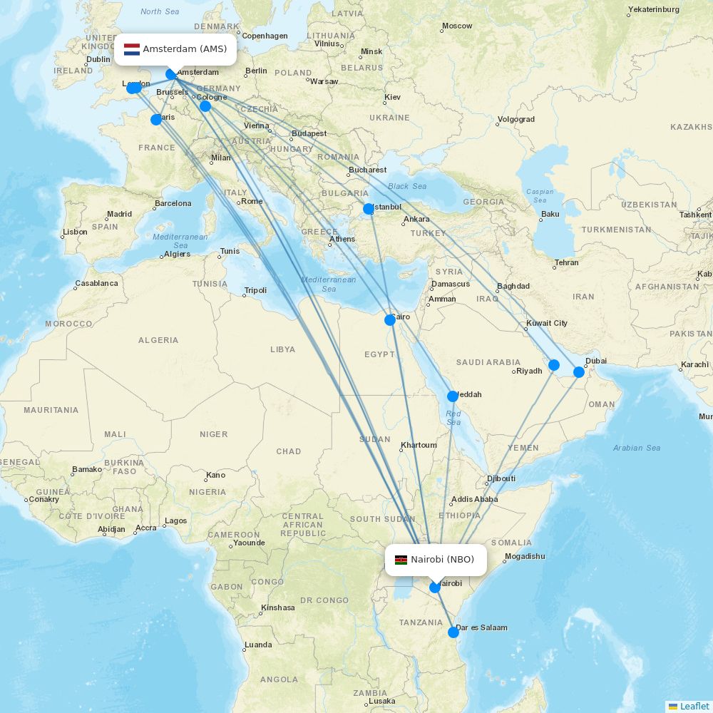 Kenya Airways airline routes (KQ) 2026, map - Flight Routes
