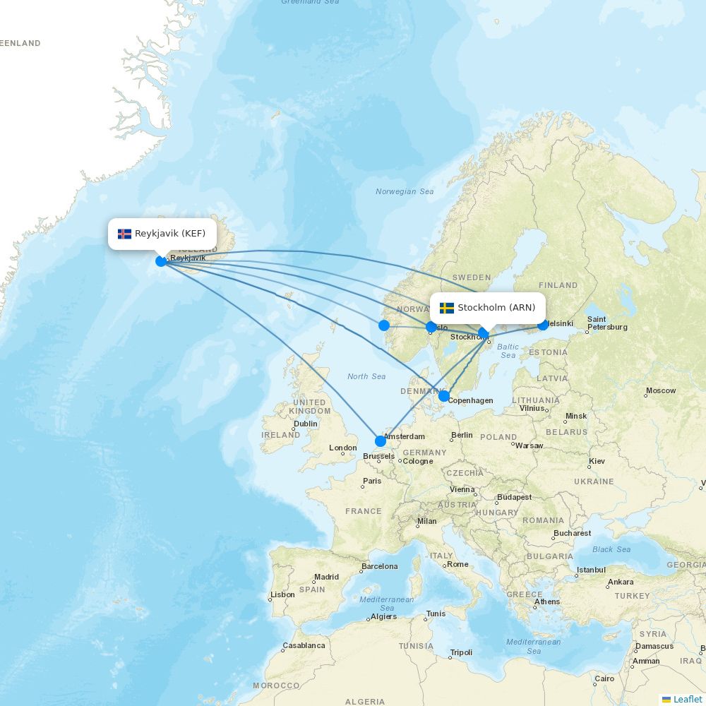 Icelandair airline routes (FI) 2026, map - Flight Routes