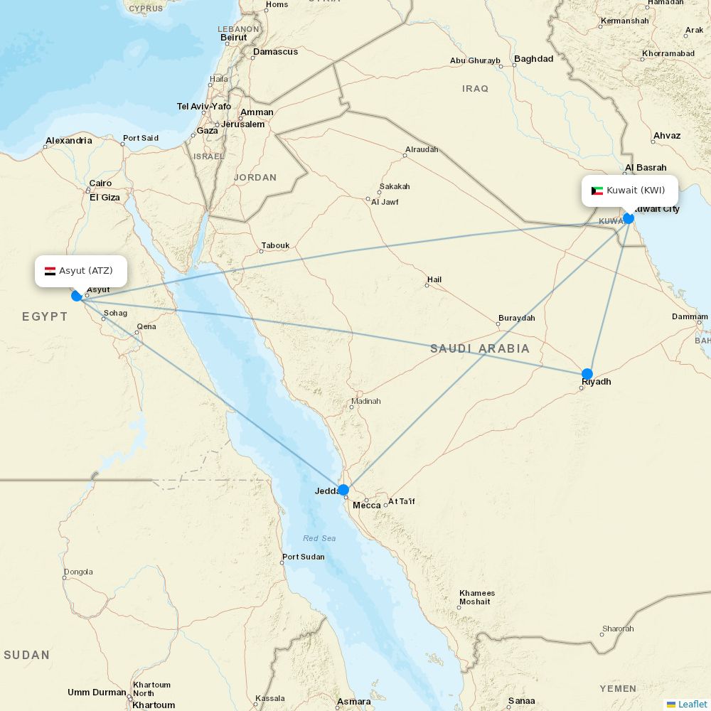 Jazeera Airways airline routes (J9) 2025, map - Flight Routes