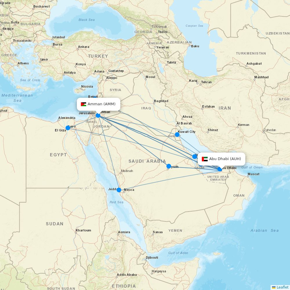 Royal Jordanian airline routes (RJ) 2025, map - Flight Routes