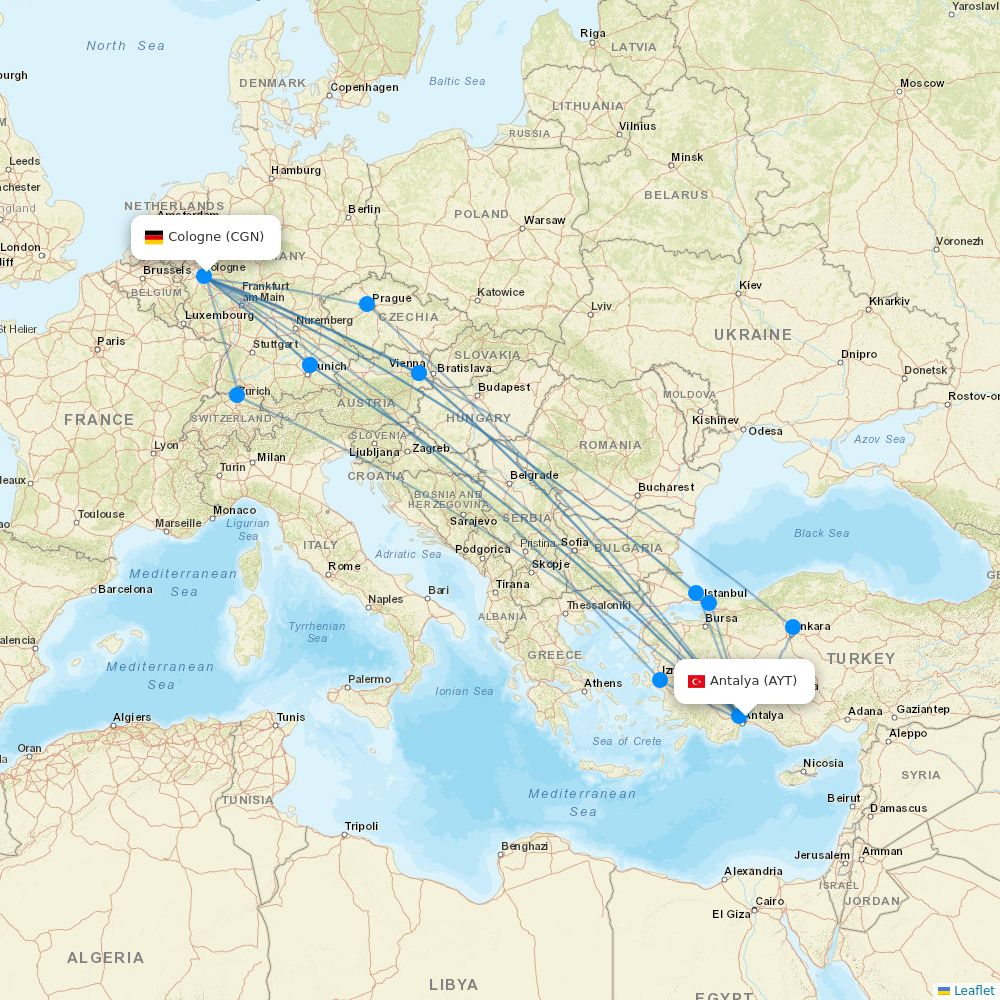 SunExpress airline routes (XQ) 2025, map - Flight Routes