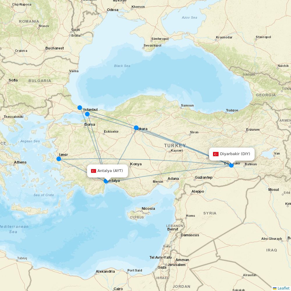 SunExpress airline routes (XQ) 2025, map - Flight Routes