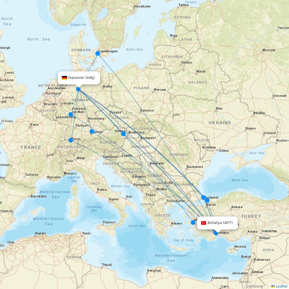 SunExpress airline routes (XQ) 2025, map - Flight Routes