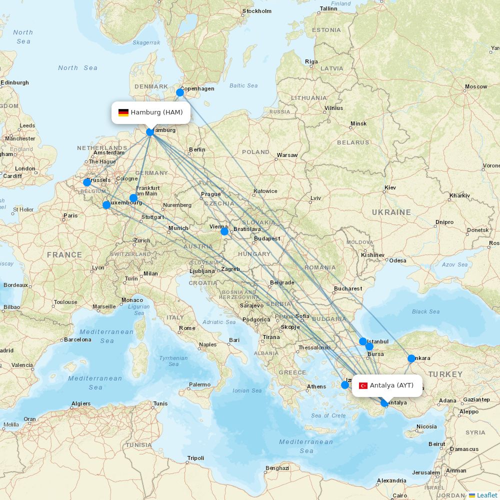 SunExpress airline routes (XQ) 2025, map - Flight Routes