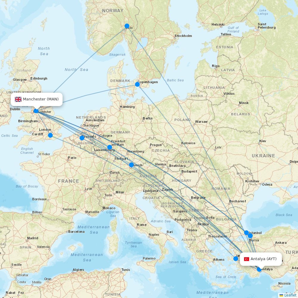 SunExpress airline routes (XQ) 2025, map - Flight Routes