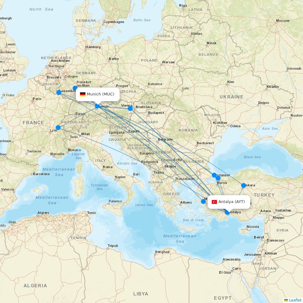 SunExpress airline routes (XQ) 2025, map - Flight Routes