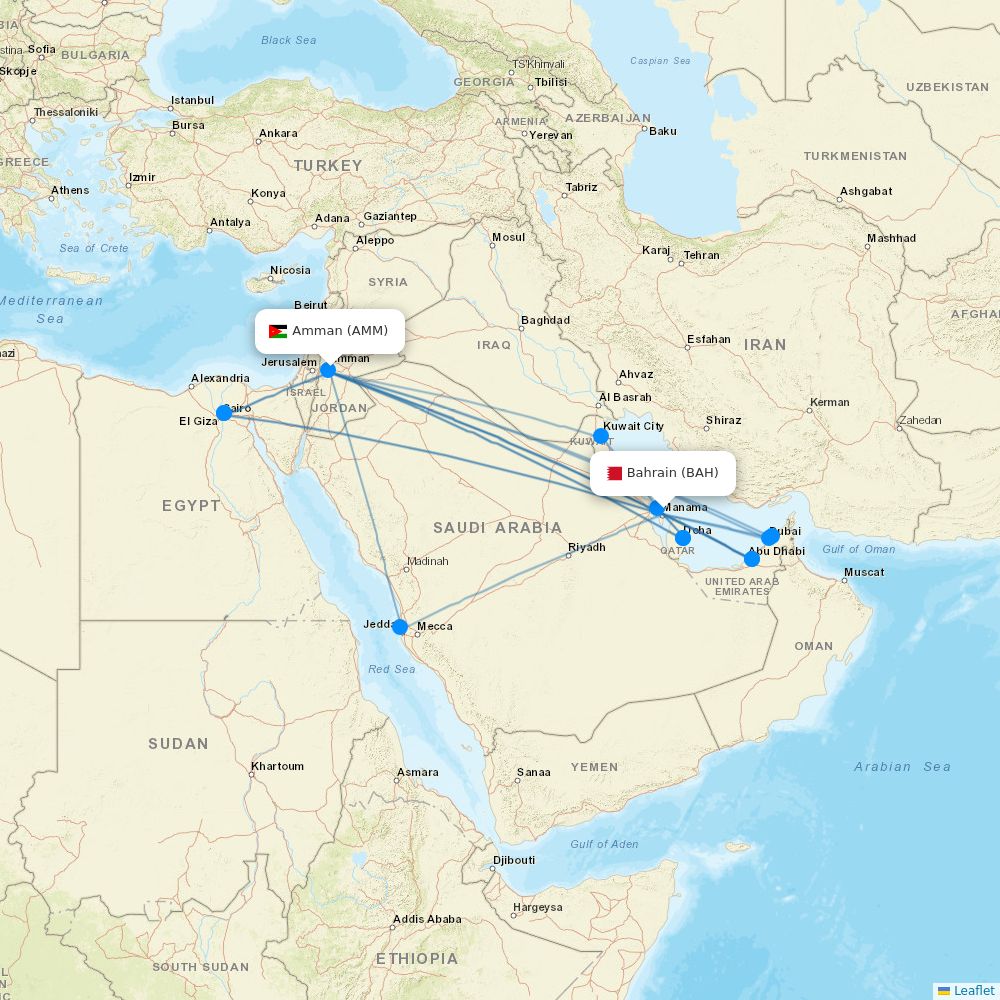 Gulf Air airline routes (GF) 2026, map - Flight Routes