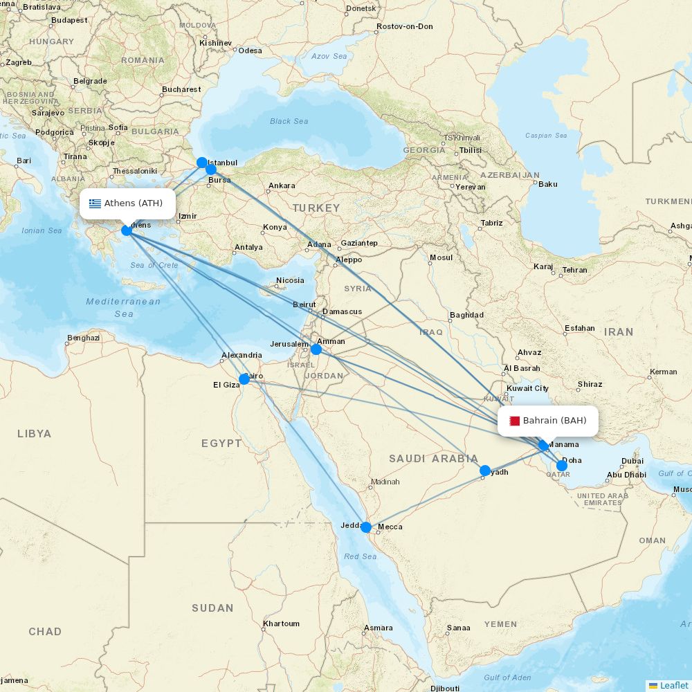 Gulf Air airline routes (GF) 2025, map - Flight Routes