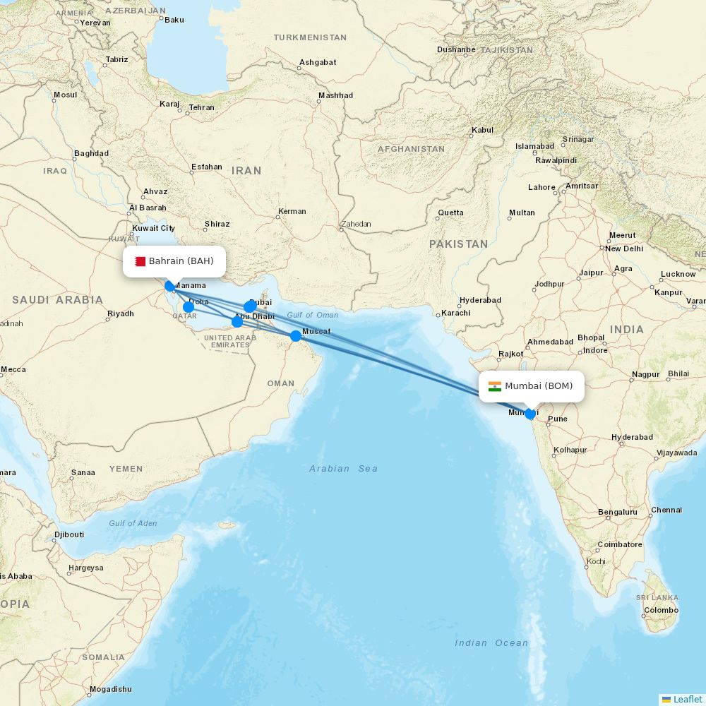 Gulf Air airline routes (GF) 2026, map - Flight Routes