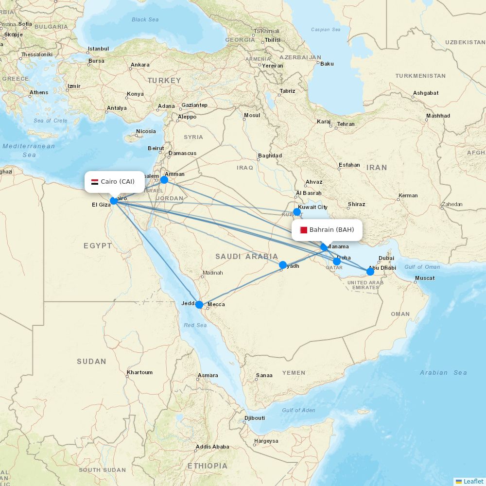 Gulf Air airline routes (GF) 2025, map - Flight Routes