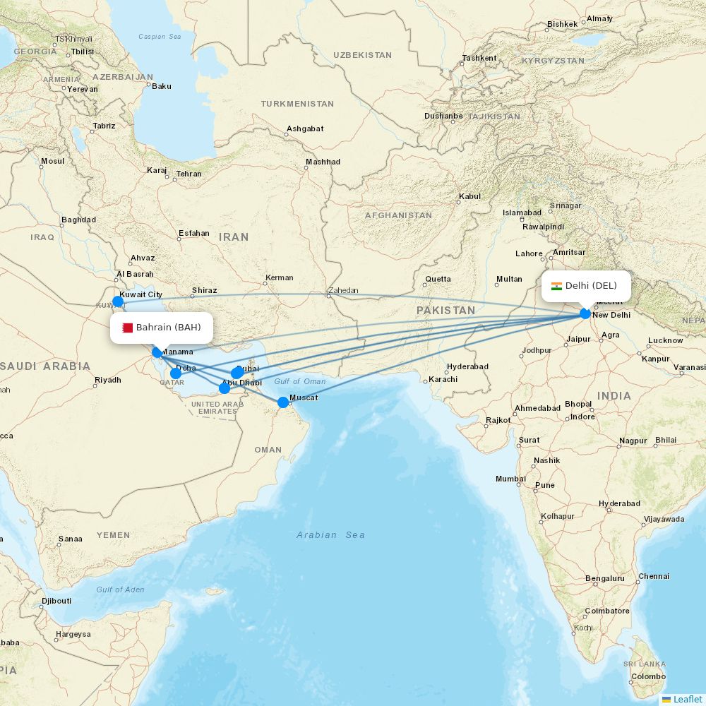 Gulf Air airline routes (GF) 2025, map - Flight Routes