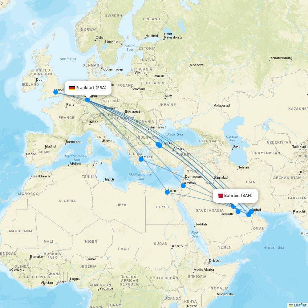 Gulf Air airline routes (GF) 2025, map - Flight Routes