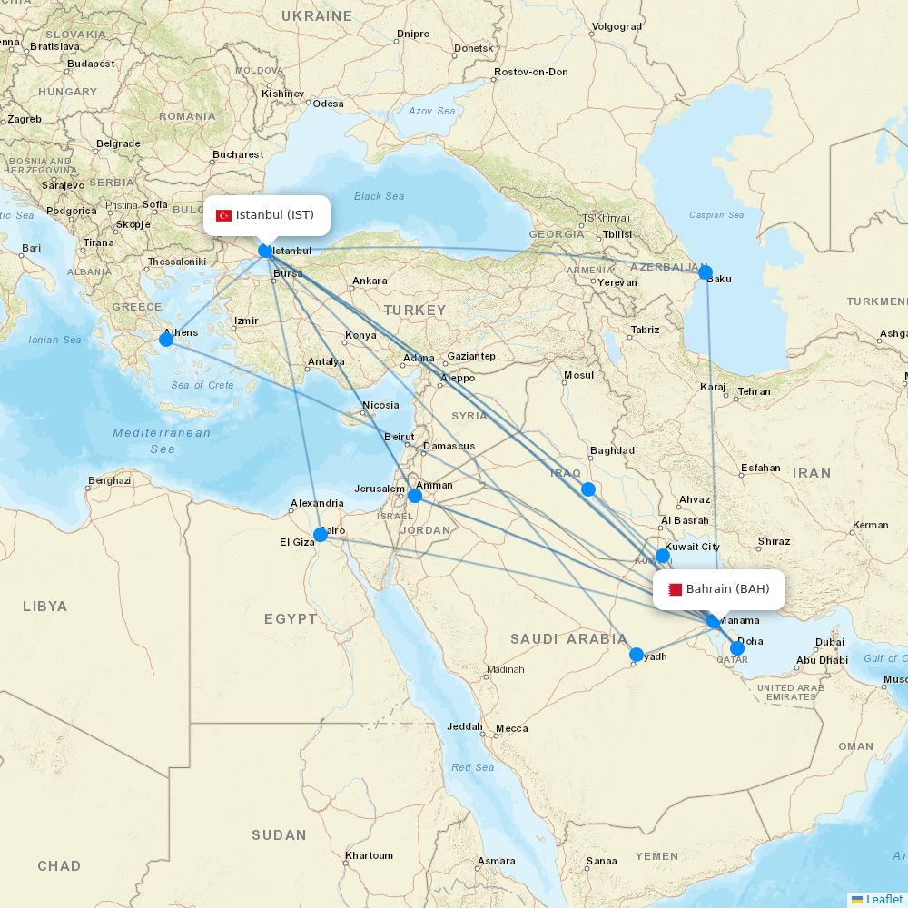 Gulf Air airline routes (GF) 2025, map - Flight Routes