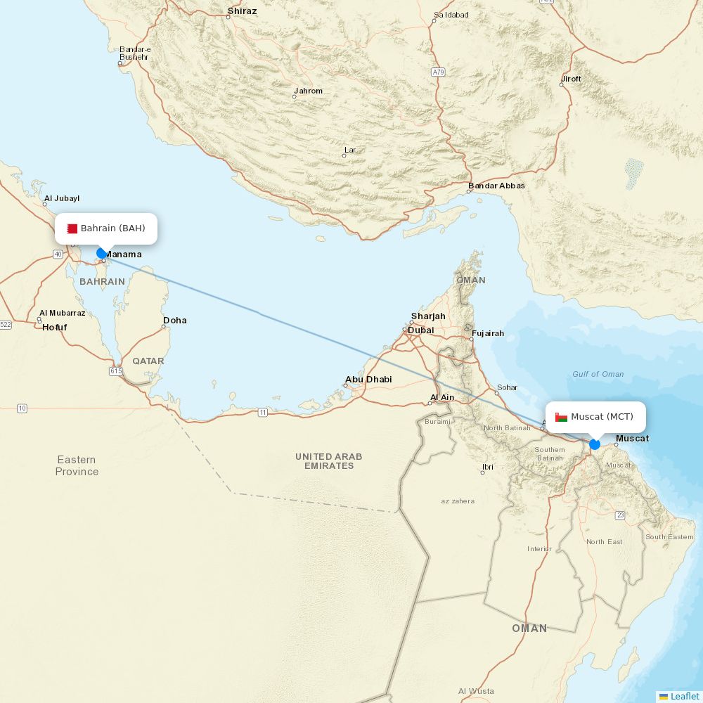 Gulf Air airline routes (GF) 2025, map - Flight Routes