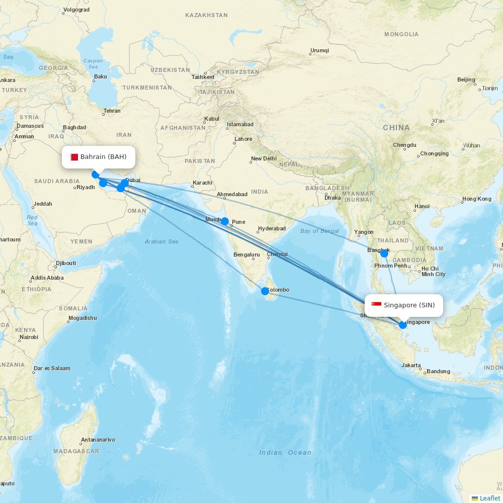 Gulf Air airline routes (GF) 2025, map - Flight Routes