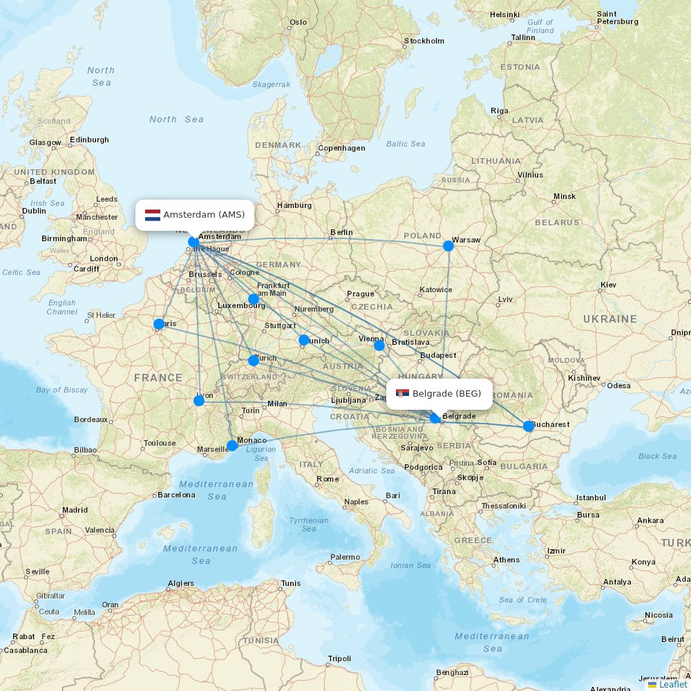 Air Serbia airline routes (JU) 2026, map - Flight Routes