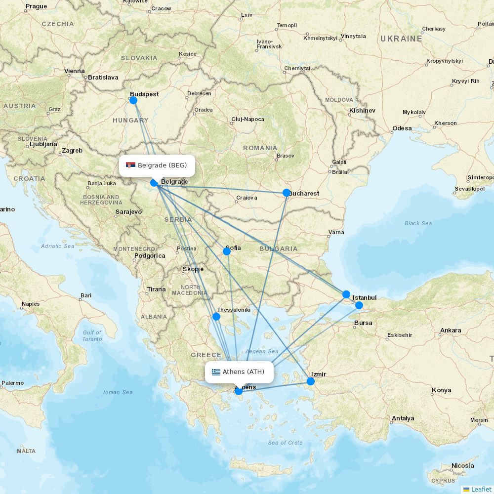 Air Serbia airline routes (JU) 2026, map - Flight Routes