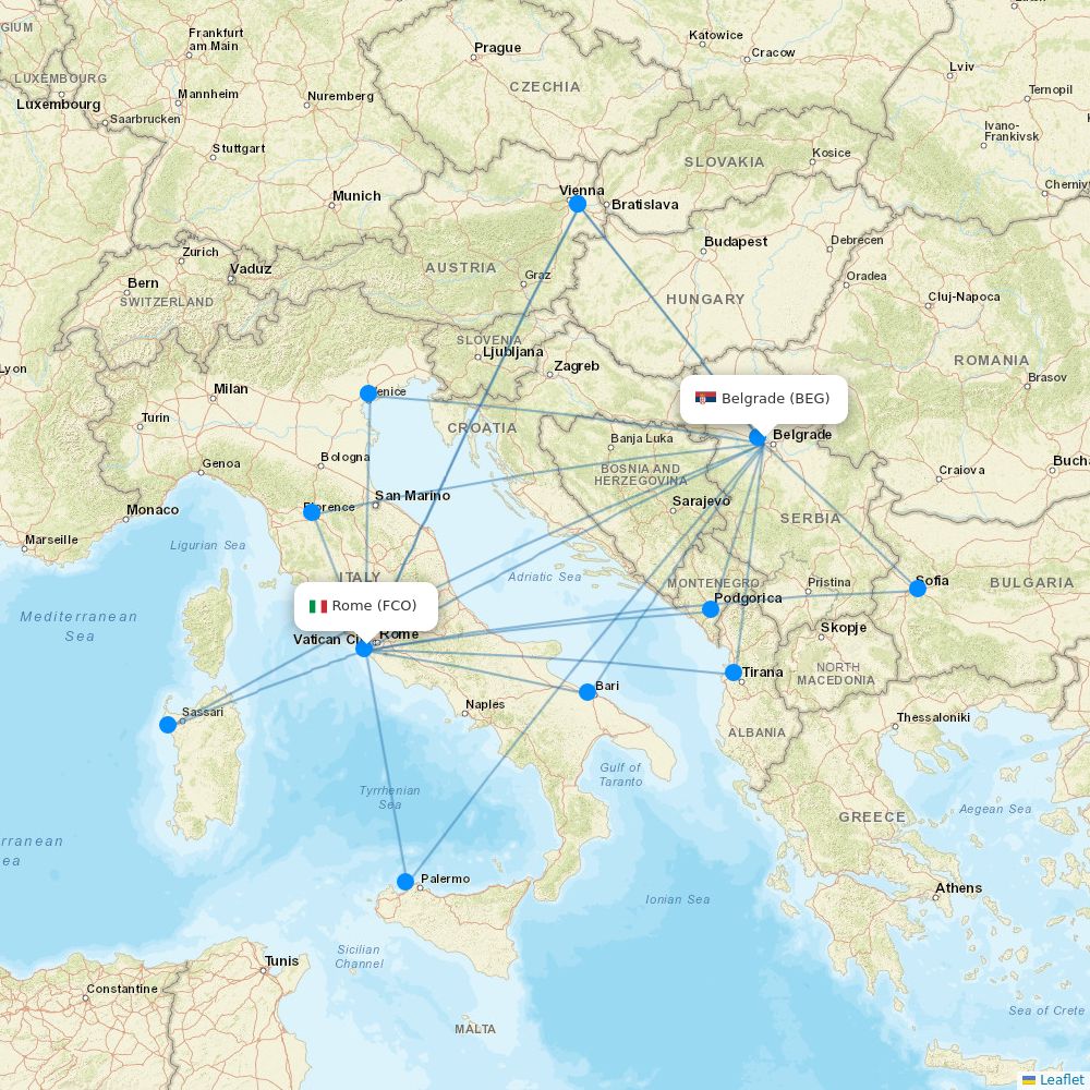 Air Serbia airline routes (JU) 2026, map - Flight Routes