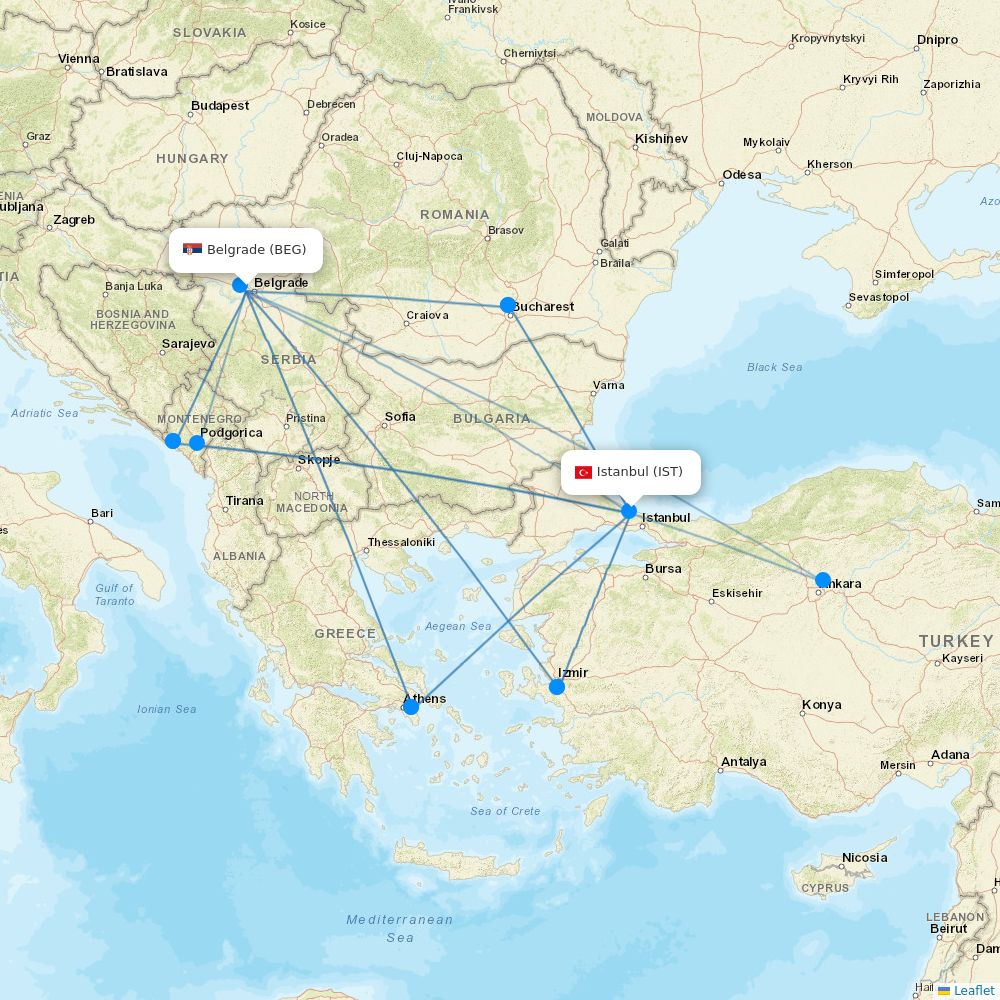 Air Serbia airline routes (JU) 2026, map - Flight Routes