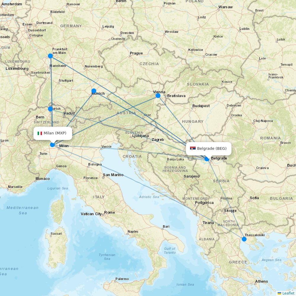 Air Serbia airline routes (JU) 2026, map - Flight Routes