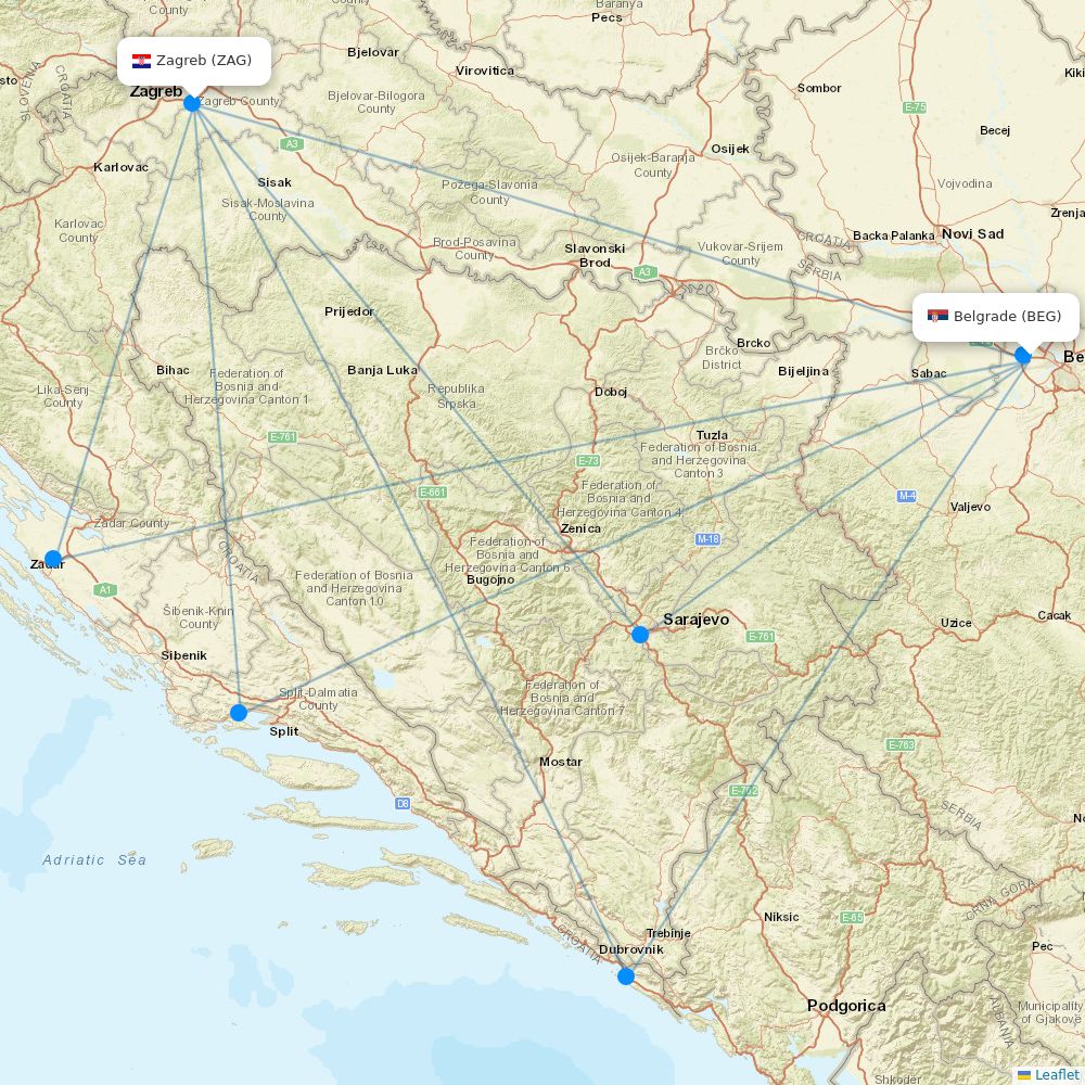 Air Serbia airline routes (JU) 2025, map - Flight Routes