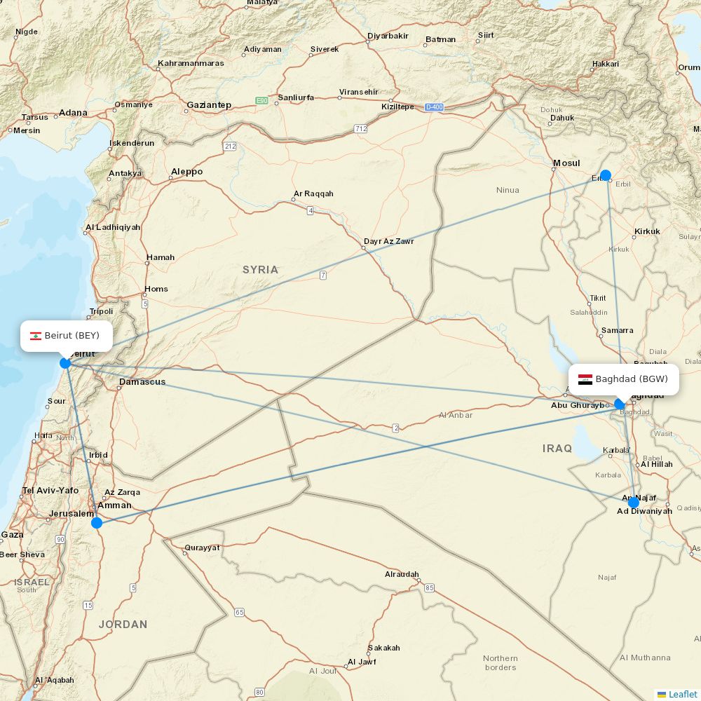 Middle East Airlines routes (ME) 2026, map - Flight Routes
