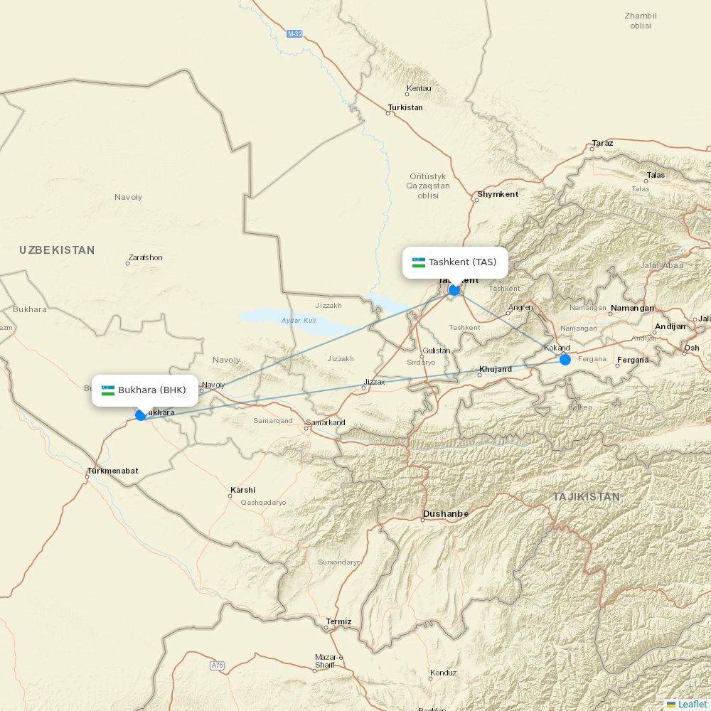 Uzbekistan Airways airline routes (HY) 2025, map - Flight Routes