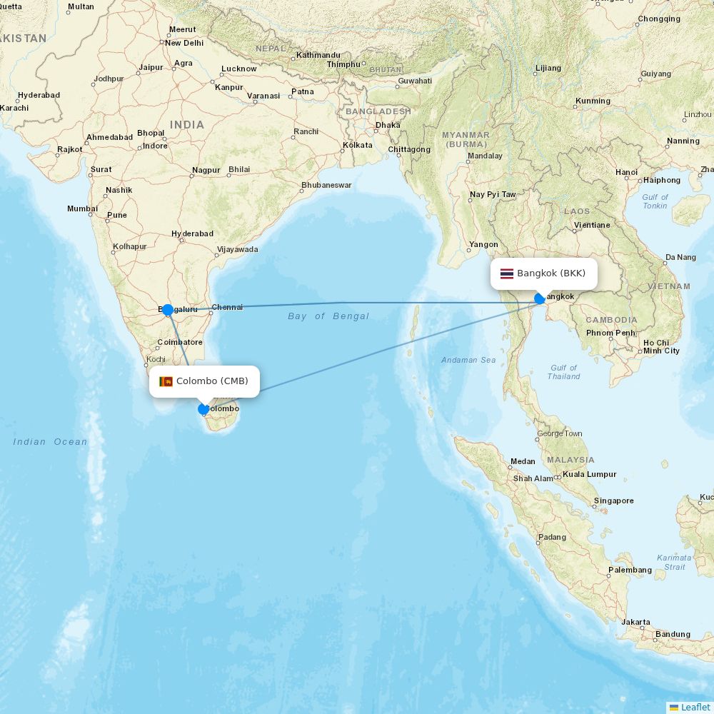SriLankan Airlines routes (UL) 2025, map - Flight Routes