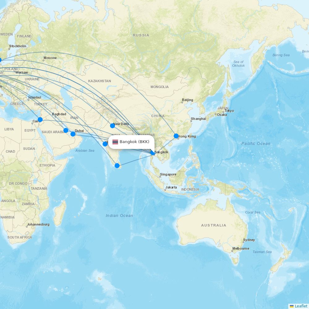 Thai Airways International airline routes (TG) 2025, map - Flight Routes