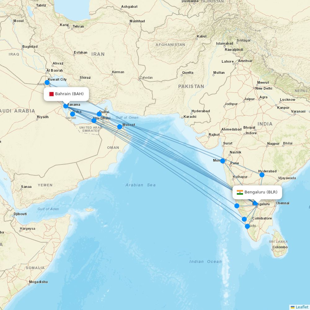 Gulf Air airline routes (GF) 2025, map - Flight Routes