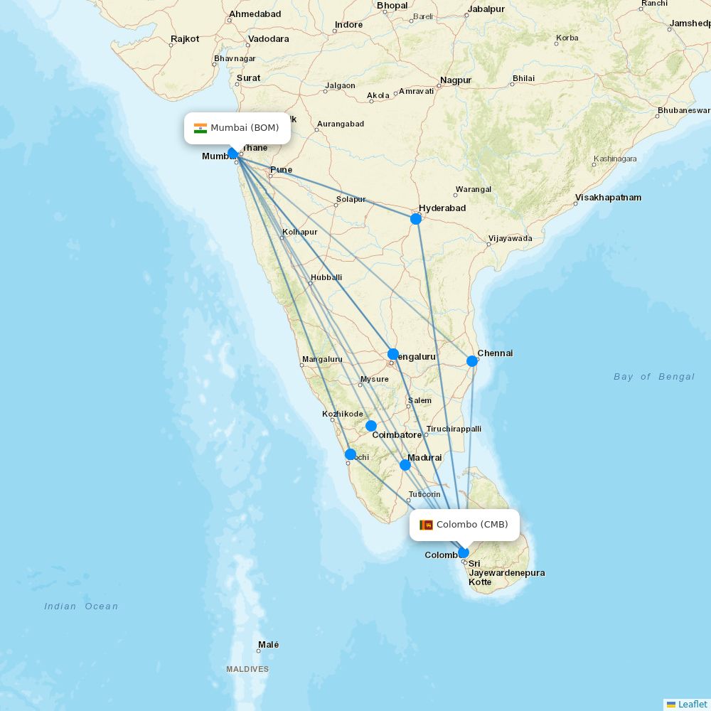 SriLankan Airlines routes (UL) 2026, map - Flight Routes