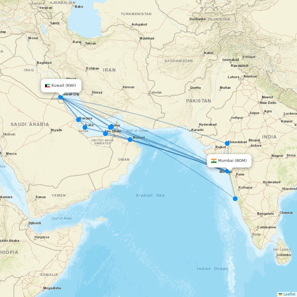 Kuwait Airways airline routes (KU) 2026, map - Flight Routes
