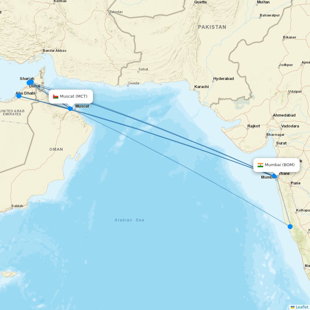 Oman Air airline routes (WY) 2026, map - Flight Routes