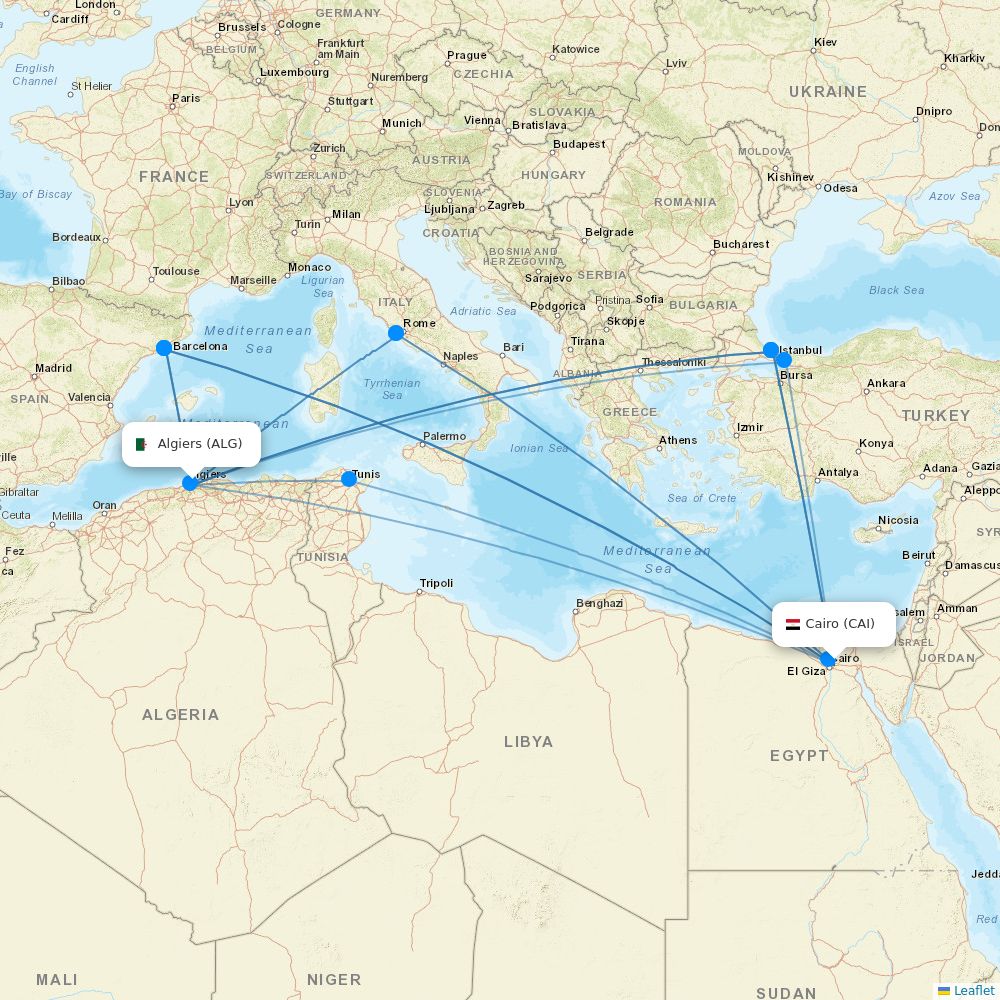 EgyptAir airline routes (MS) 2025, map - Flight Routes